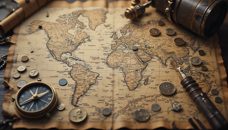 Vintage World Map with Treasure and Navigation Tools Stock Illustration ...