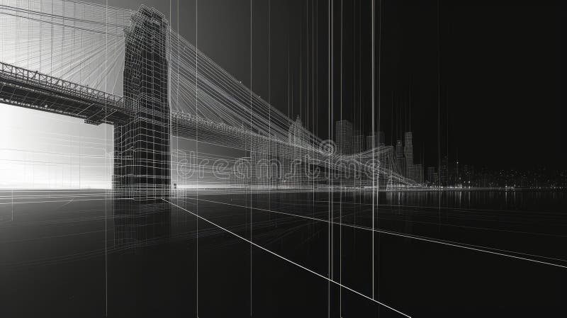Digital Wireframe Rendering of a Modern Suspension Bridge Stock ...