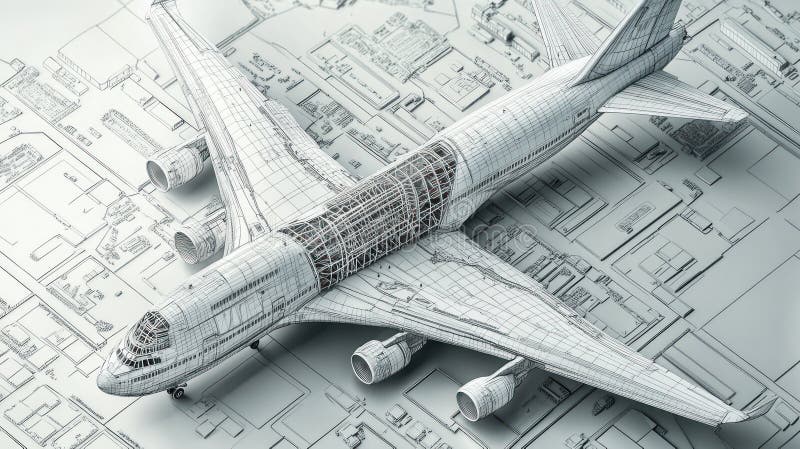 Detailed Airplane Blueprint Design with Structural Interior and Airport ...