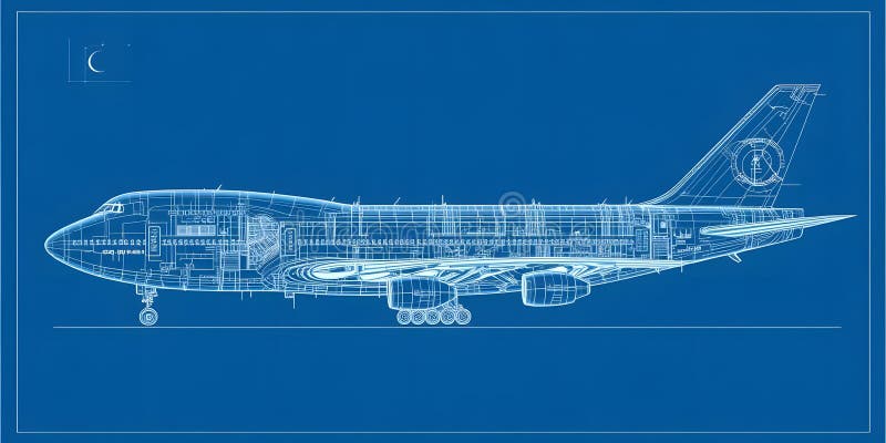 Detailed Airplane Blueprint Illustration on Blue Background for ...
