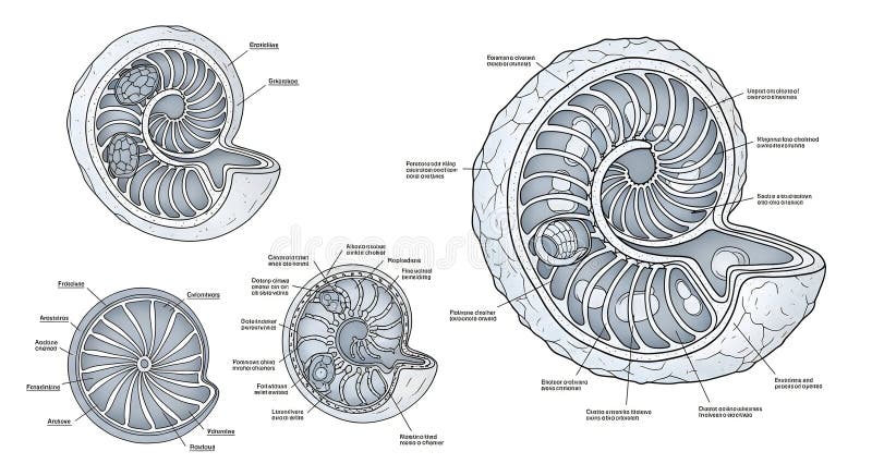 Detailed Anatomical Diagram of a Nautilus Shell with Labeled Sections ...