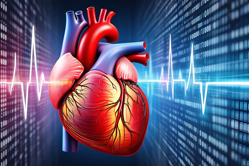 Vibrant Human Heart with Digital Data and Heartbeat Anatomy Blue Stock Illustration ...