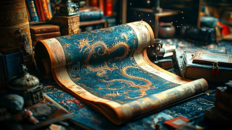 A Detailed Ancient Scroll Decorated with a Majestic Dragon Unfolds on a ...