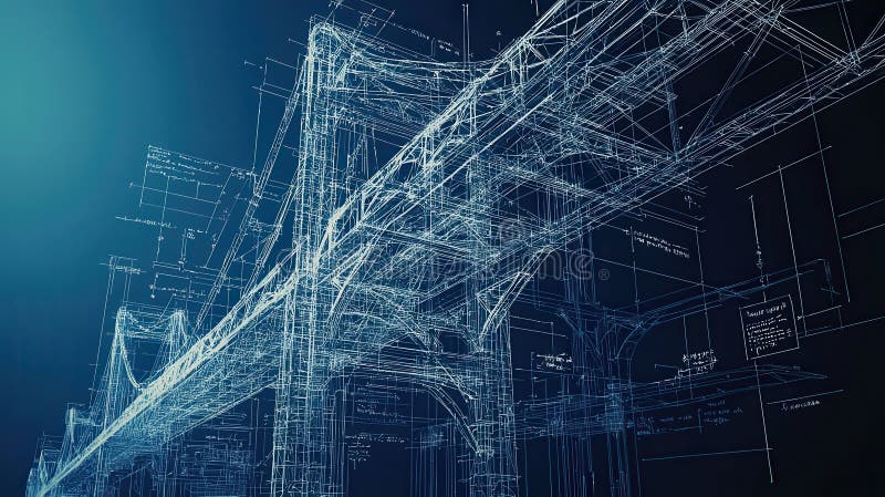 Detailed Architectural Blueprint of a Bridge in 3D Wireframe Style ...