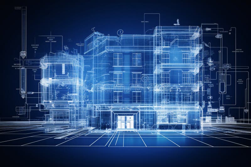 A Detailed Architectural Blueprint of a Building on a Dark Background ...