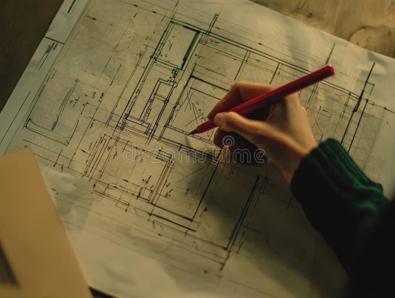 Detailed Architectural Blueprint Layout with Hand Using Red Pen for ...