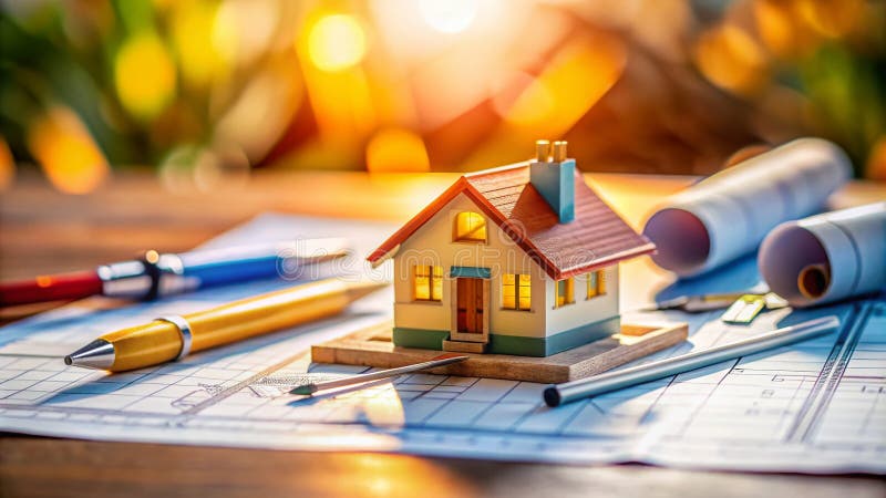 Detailed Architectural Blueprint with Miniature House Model a Visual ...