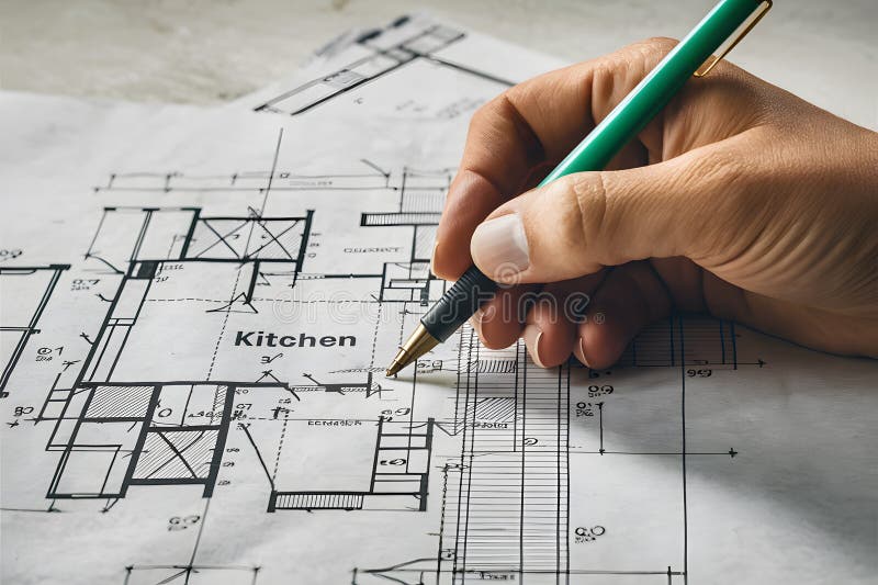 Detailed Architectural Blueprints with Annotated Kitchen Layout ...