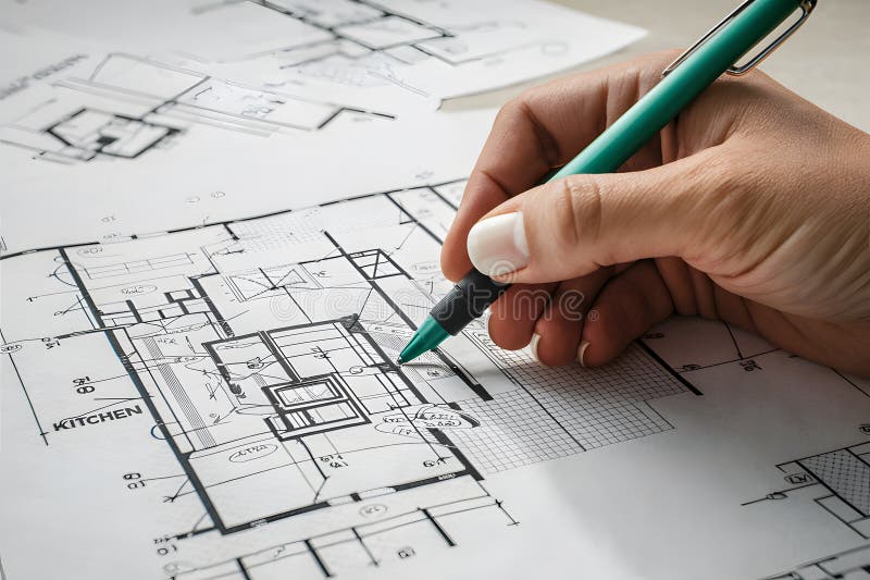 Detailed Architectural Blueprints with Annotated Kitchen Layout ...