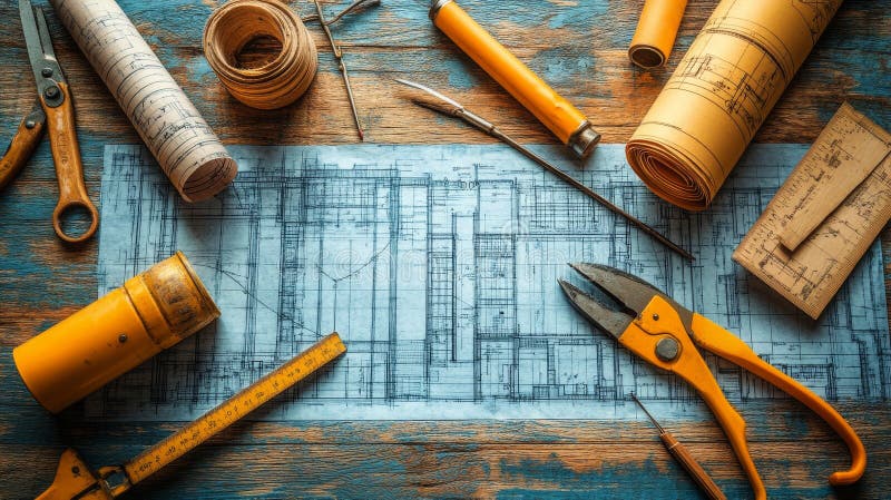 Detailed Architectural Blueprints with Drafting Tools on a Wooden Table ...