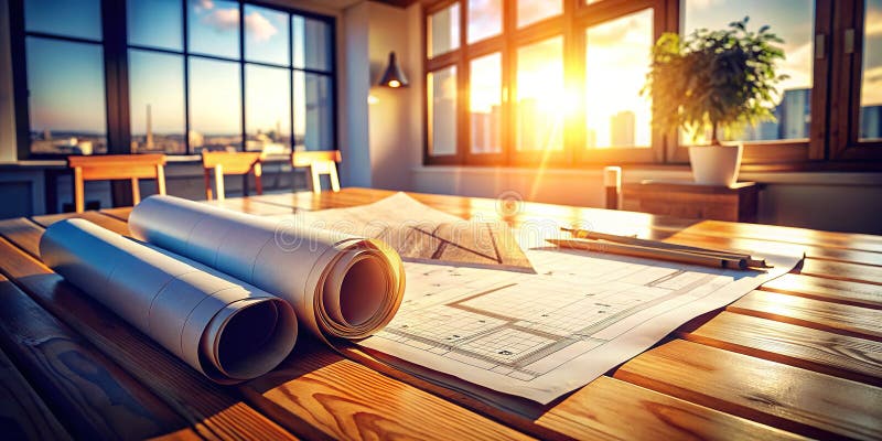 Detailed Architectural Blueprints Illuminated by Sunlight Focusing on ...