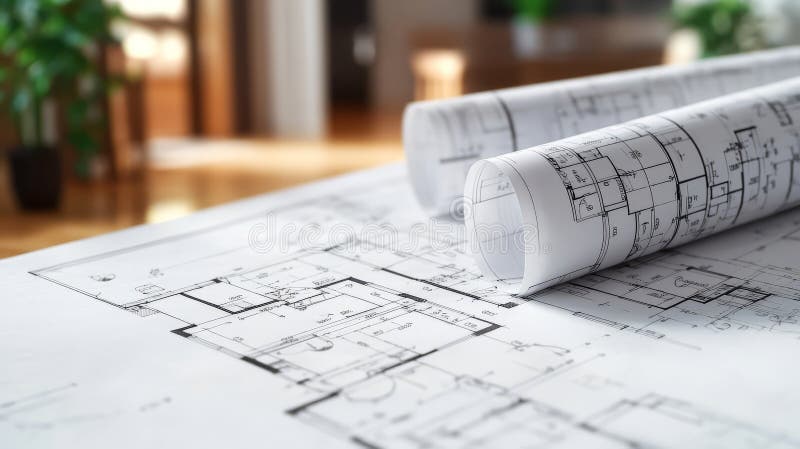 Detailed Architectural Blueprints Rolled and Laid Out on a Table Inside ...