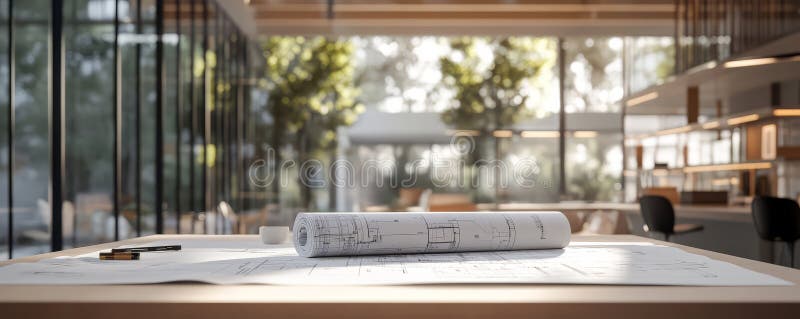 Detailed Architectural Blueprints Rolled and Laid Out on Table in ...