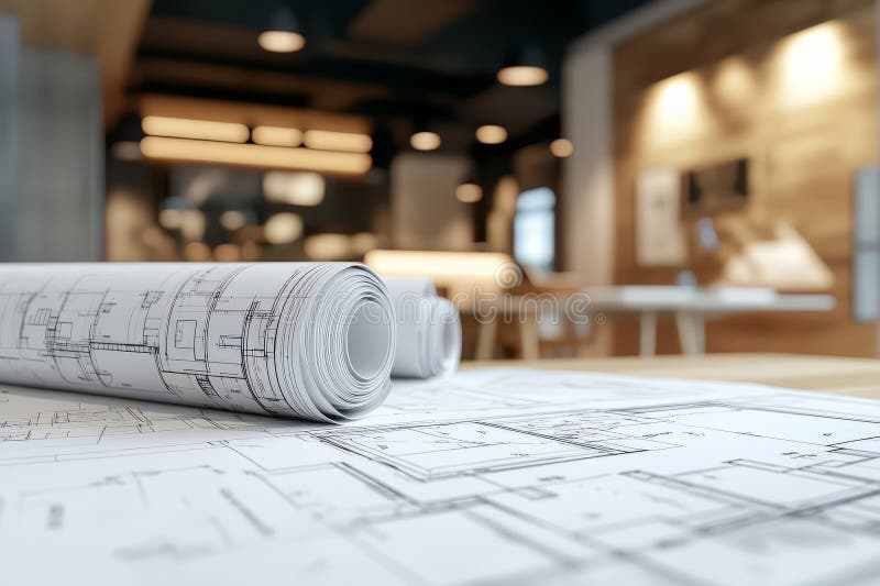 Detailed Architectural Blueprints Rolled and Laid Out on Table ...
