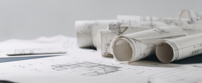 The Detailed Architectural Blueprints Rolled on a Modern Workspace ...