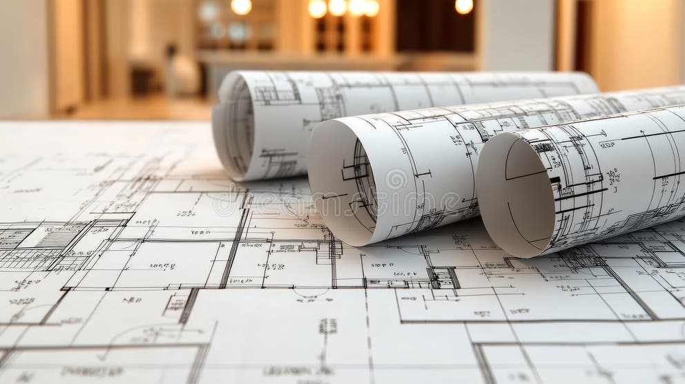 Detailed Architectural Blueprints Rolled Out on a Flat Surface for ...