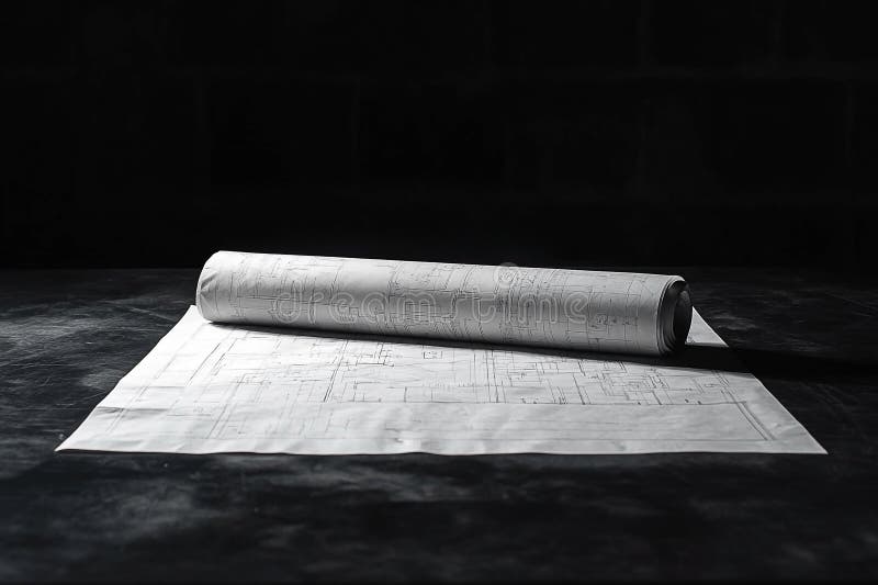 Detailed Architectural Blueprints Rolled Over Flat Technical Drawings ...