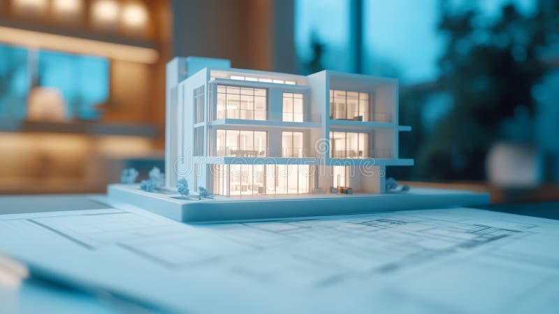 Detailed Architectural Blueprints beside a Scale Model of a Modern ...