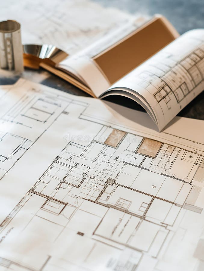 Detailed Architectural Blueprints with Tools on a Desk, Showcasing the ...