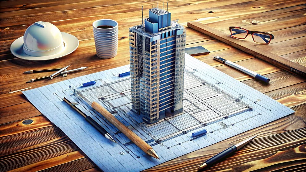 Detailed Architectural Design Blueprint with Model Skyscraper a ...