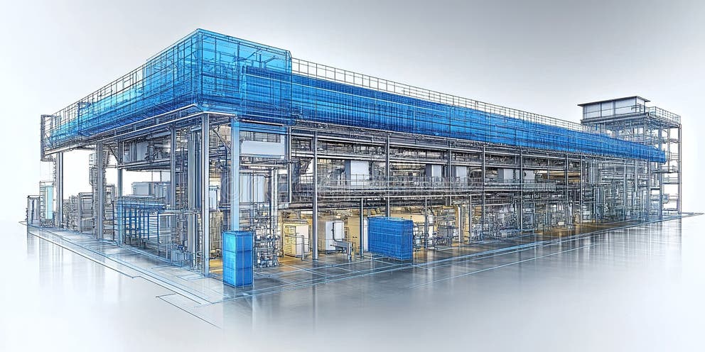 Detailed Architectural Design of a Modern Industrial Facility Showcasing Blueprints and ...