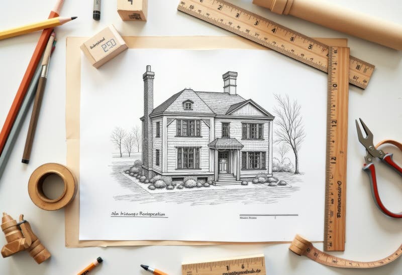 Detailed Architectural Drawing of a Classic House Surrounded by ...