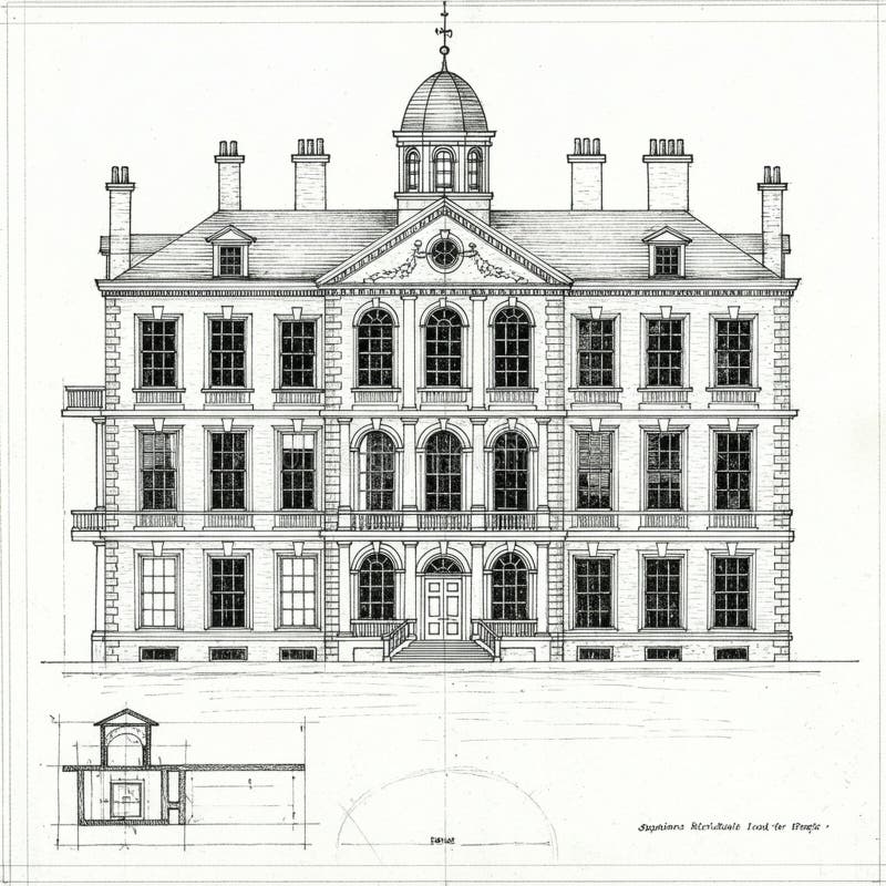 A Detailed Architectural Drawing of a Classic, Multi-story Building ...