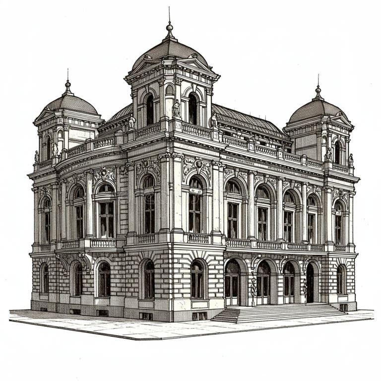 A Detailed Architectural Drawing of a Grand, Neoclassical Building ...