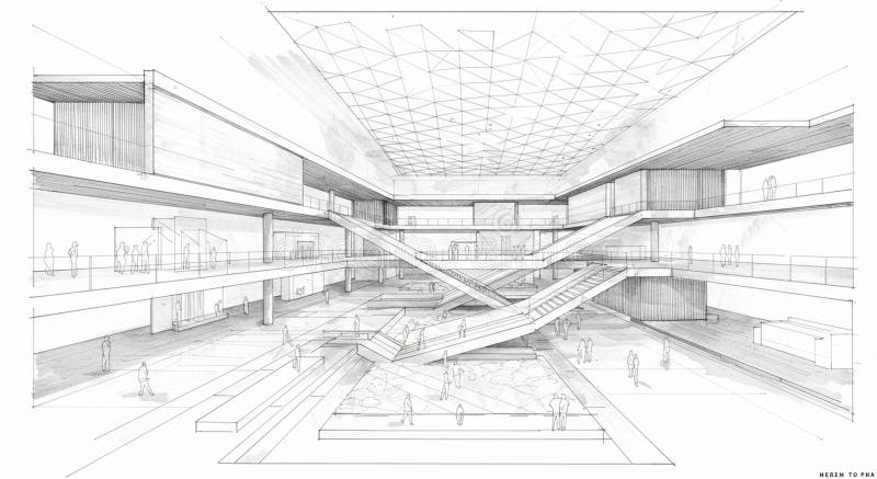A Detailed Architectural Drawing of a Large, Modern Atrium Featuring ...