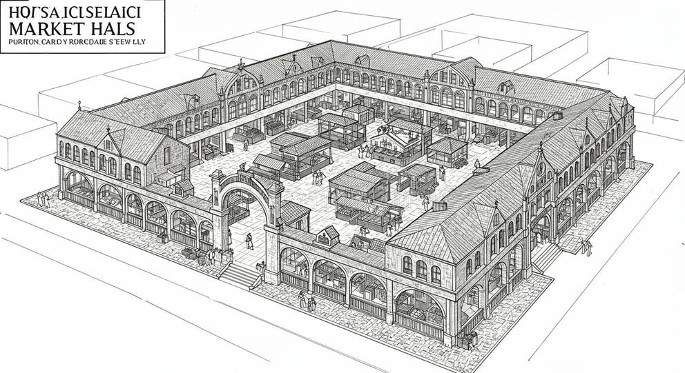 A Detailed Architectural Drawing of a Large, Rectangular Market Hall ...