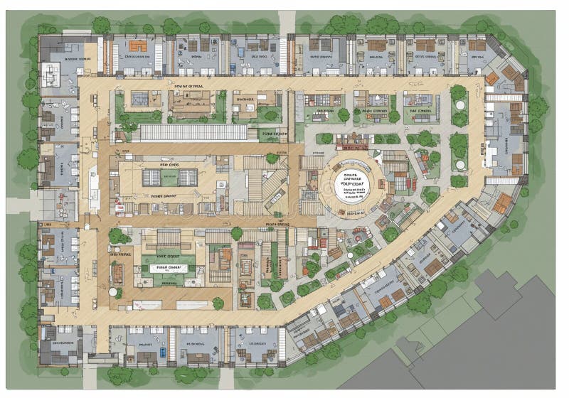 Detailed Architectural Floor Plan of a Complex Featuring a Circular ...