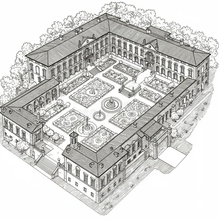 Detailed Architectural Illustration of a Large, U-shaped Building with ...