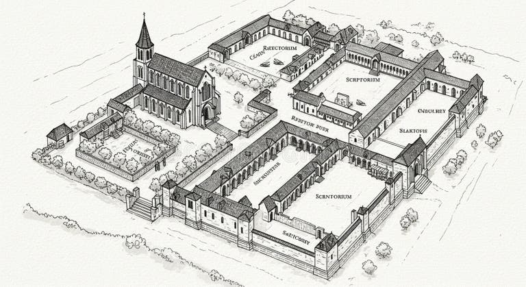 A Detailed Architectural Illustration of a Medieval Monastery Complex ...