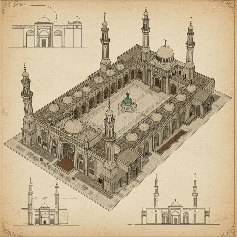 A Detailed Architectural Illustration of a Mosque. the Structure ...