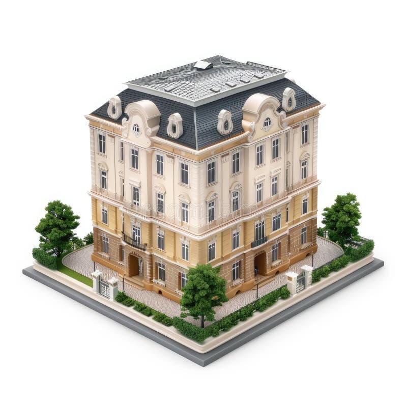 Elegant European Style Apartment Building, 3D Model Stock Illustration - Illustration of trees ...