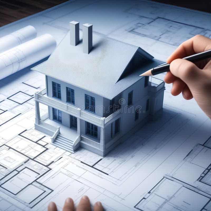 Detailed Architectural Model of a House on Blueprints, with Hands ...
