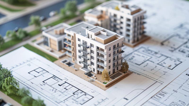 Detailed Architectural Model of Modern Apartment Complex on Blueprints ...