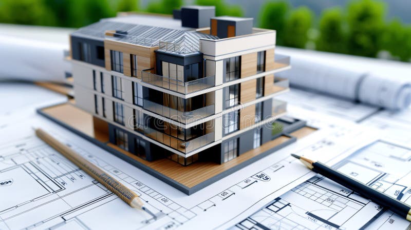 Detailed Architectural Model of Modern Apartment Complex on Blueprints ...