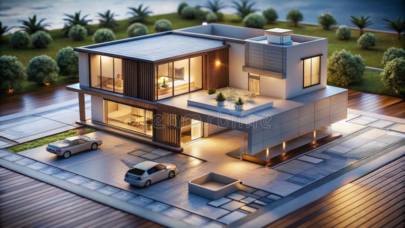 Detailed Architectural Model of a Modern Home on Blueprints a ...