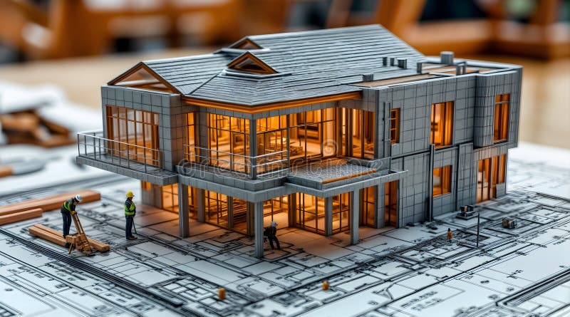 Detailed Architectural Model of a Modern House on Blueprints with ...