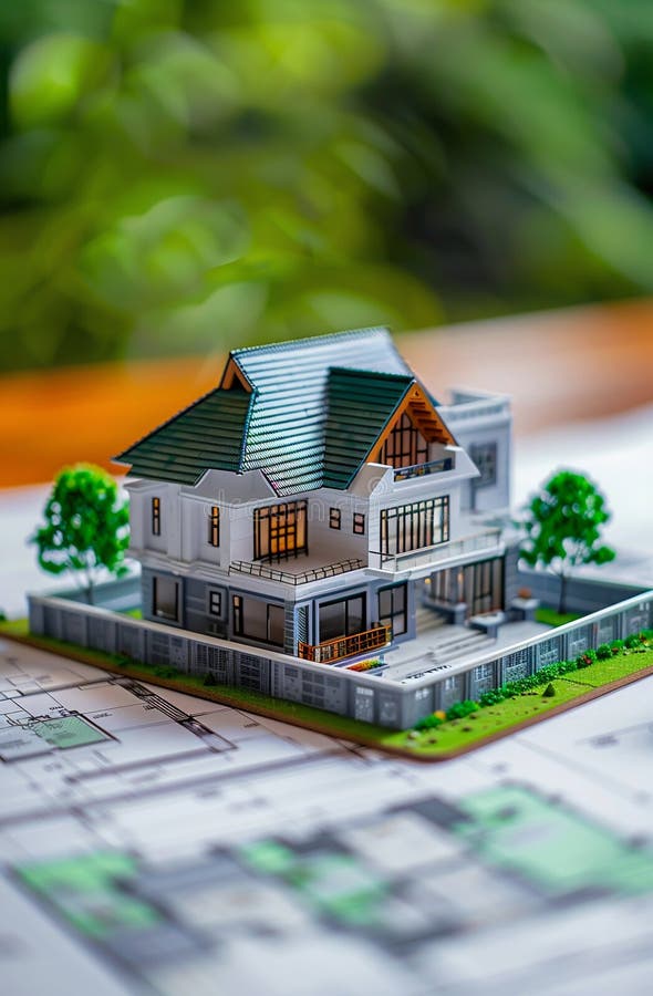 Detailed Architectural Model of a Modern House on Blueprints ...