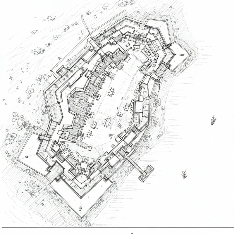 A Detailed Architectural Plan Illustrating a Complex, Irregularly ...