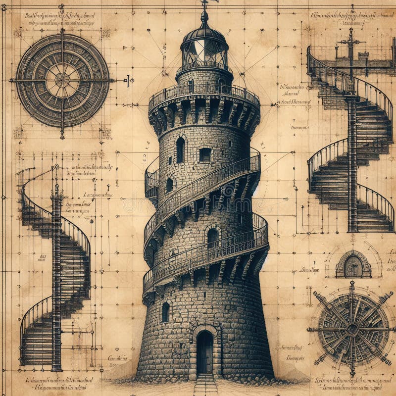 Medieval Lighthouse Blueprint with Spiral Staircase Stock Illustration ...