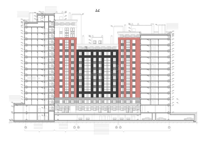 Detailed Architectural Plan of Multistory Building with Underground ...