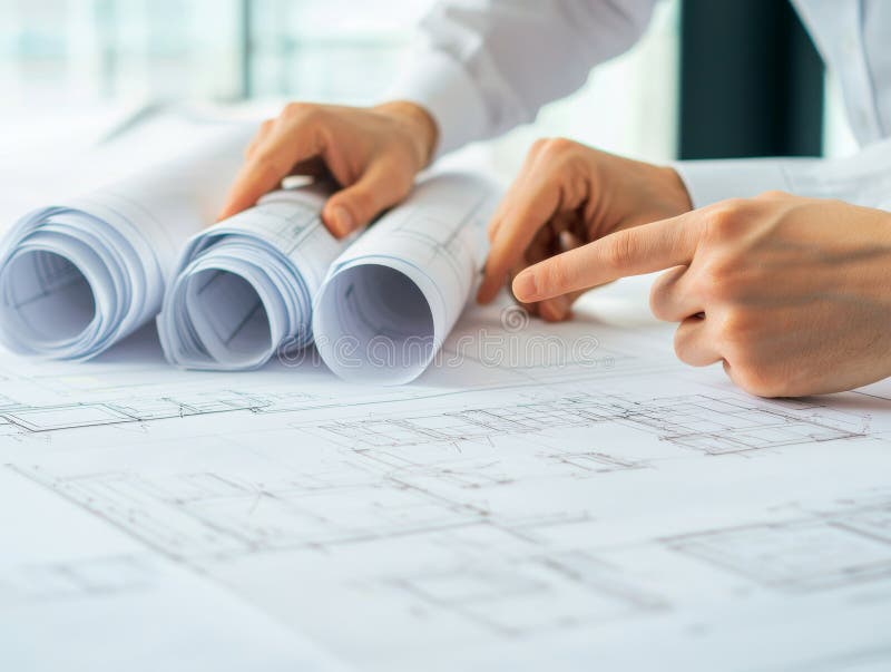 Detailed Architectural Plans with Hands in Focus Stock Illustration ...