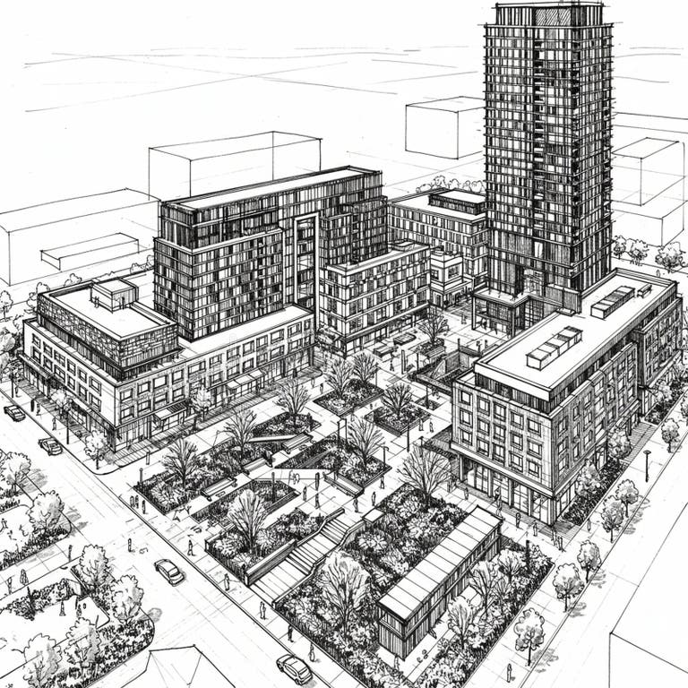 A Detailed Architectural Rendering Depicts a Mixed-use Urban Complex ...