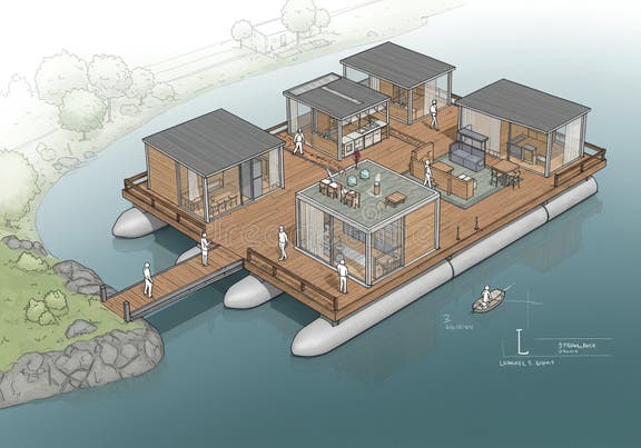 A Detailed Architectural Rendering of a Modern Floating House with ...