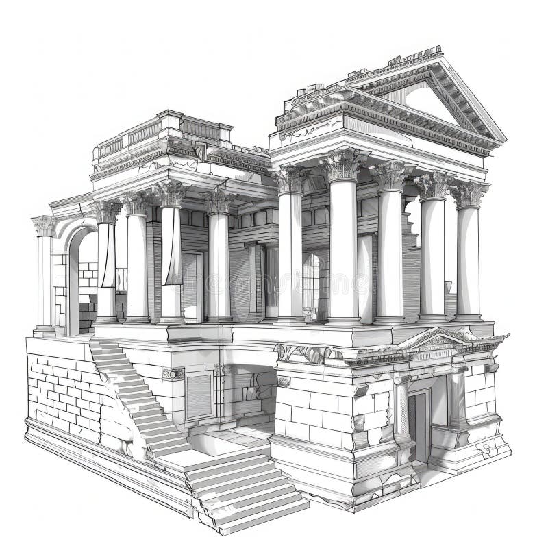 Detailed Architectural Sketch of an Ancient Roman Building Showcasing ...