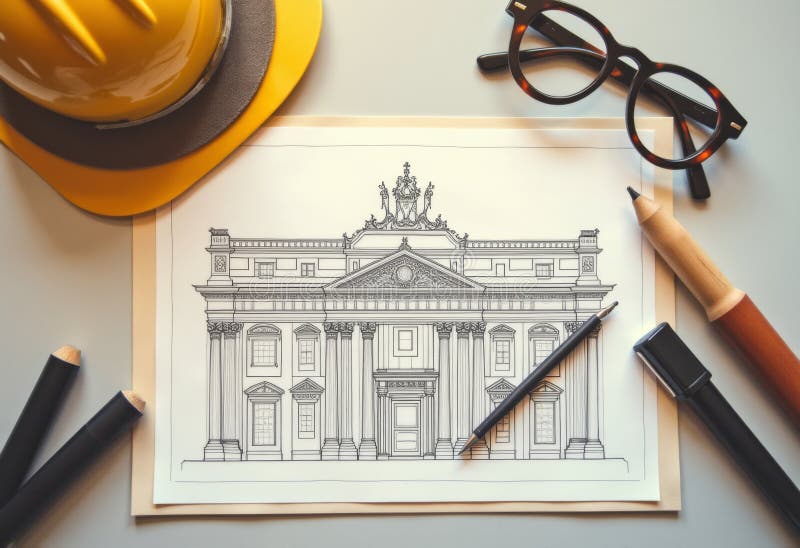 A Detailed Architectural Sketch of a Classic Building Surrounded by ...