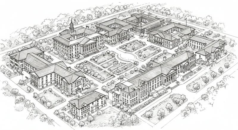 A Detailed Architectural Sketch of a Large Complex, Featuring Several ...